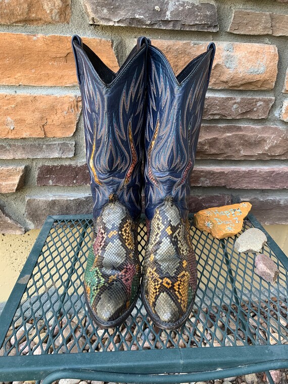 1980s Dan Post Rainbow Colored Snakeskin Cowboy Boots… - Gem