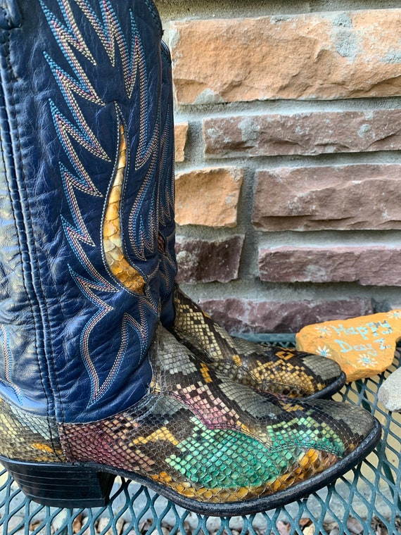 1980s Dan Post Rainbow Colored Snakeskin Cowboy Boots… - Gem