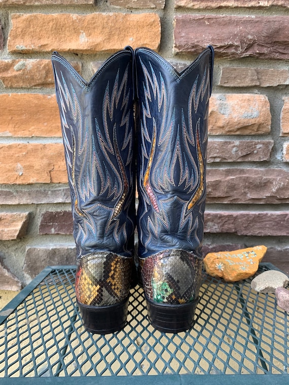 1980s Dan Post Rainbow Colored Snakeskin Cowboy Boots… - Gem