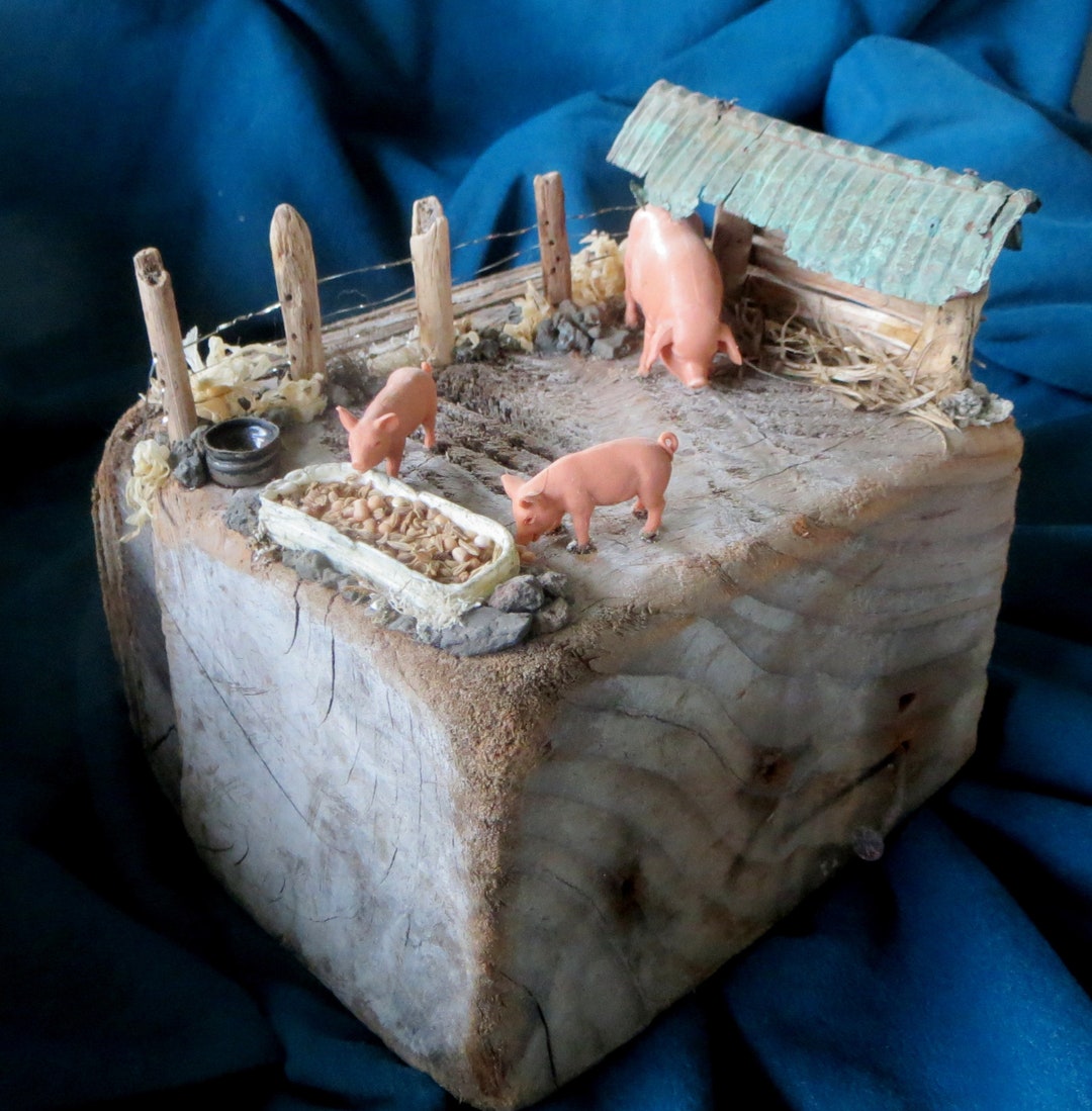 1:24 Scale Barnyard Pig Pen on Driftwood, Dollhouse Miniature by Cindy ...