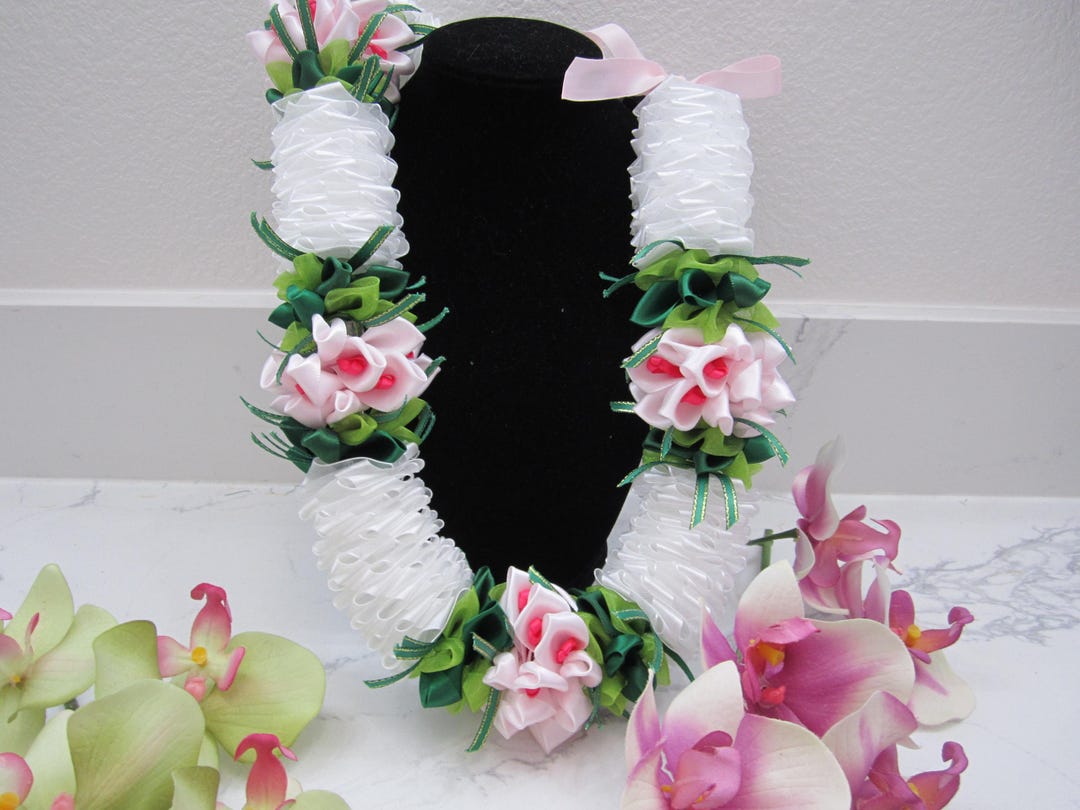 White and Pink Anthurium Ribbon Lei for Graduation or Any Special ...