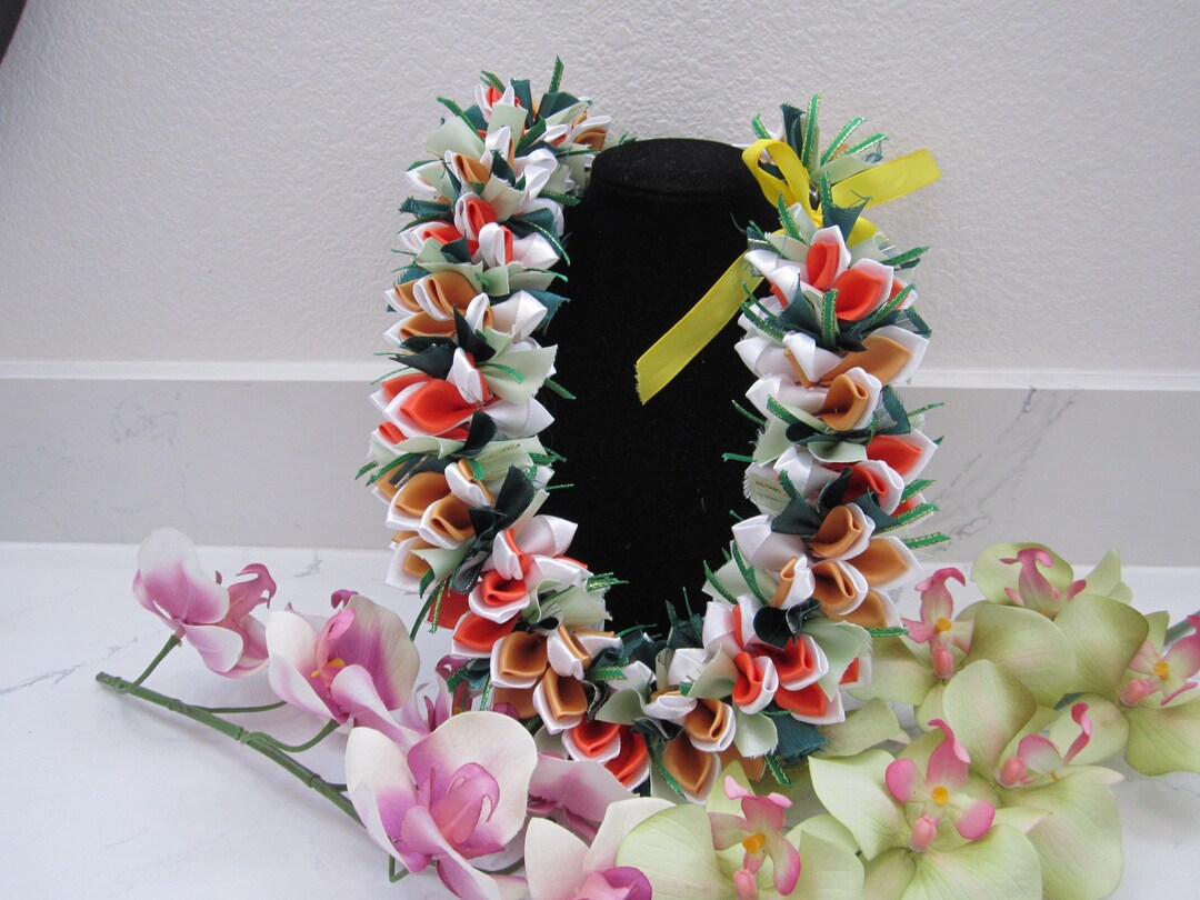 Tangerine and Old Gold Floral Ribbon Lei Handmade Specially for That ...