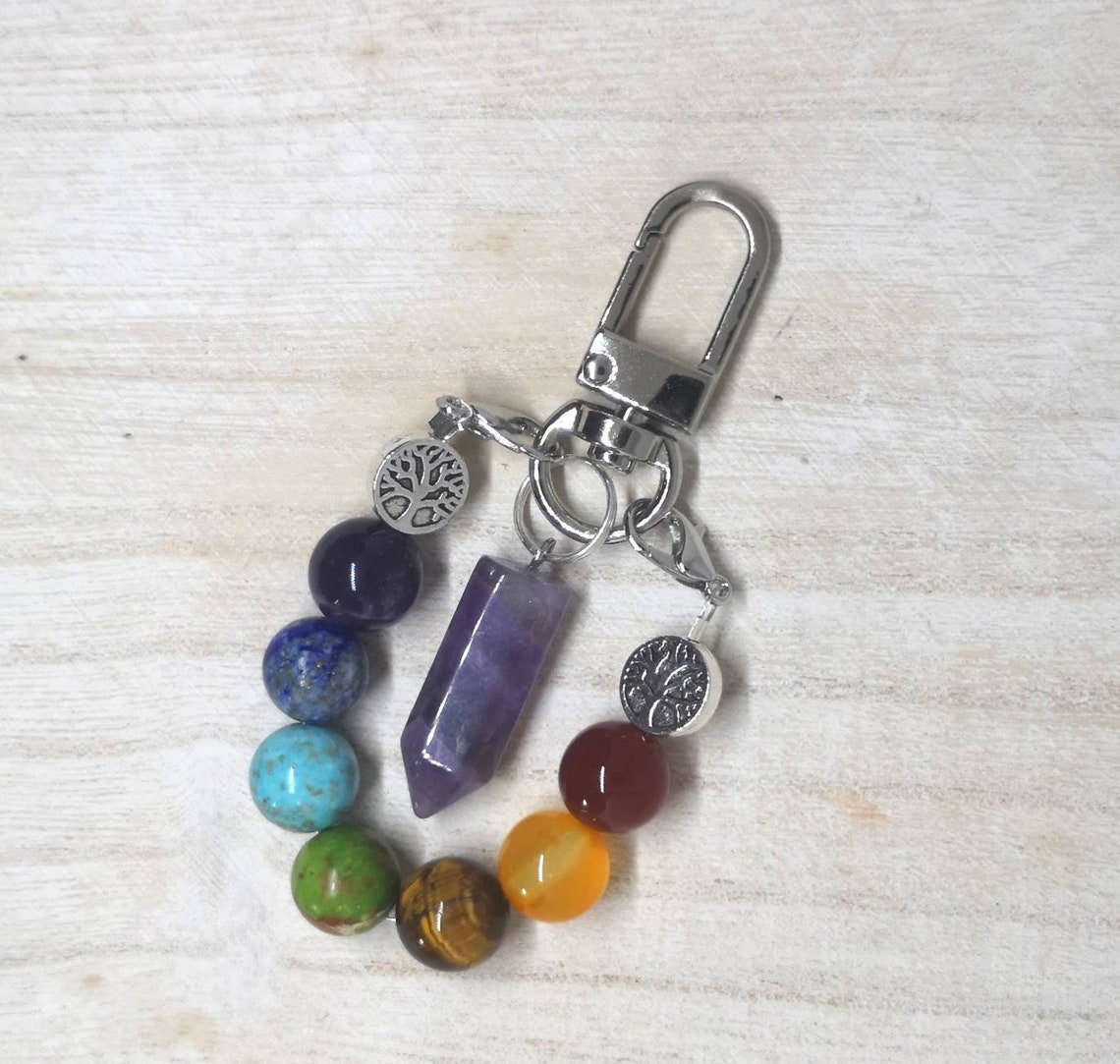 Chakra Beaded Keychain, Seven Chakra Keyring, Yoga Keychain, Amethyst ...