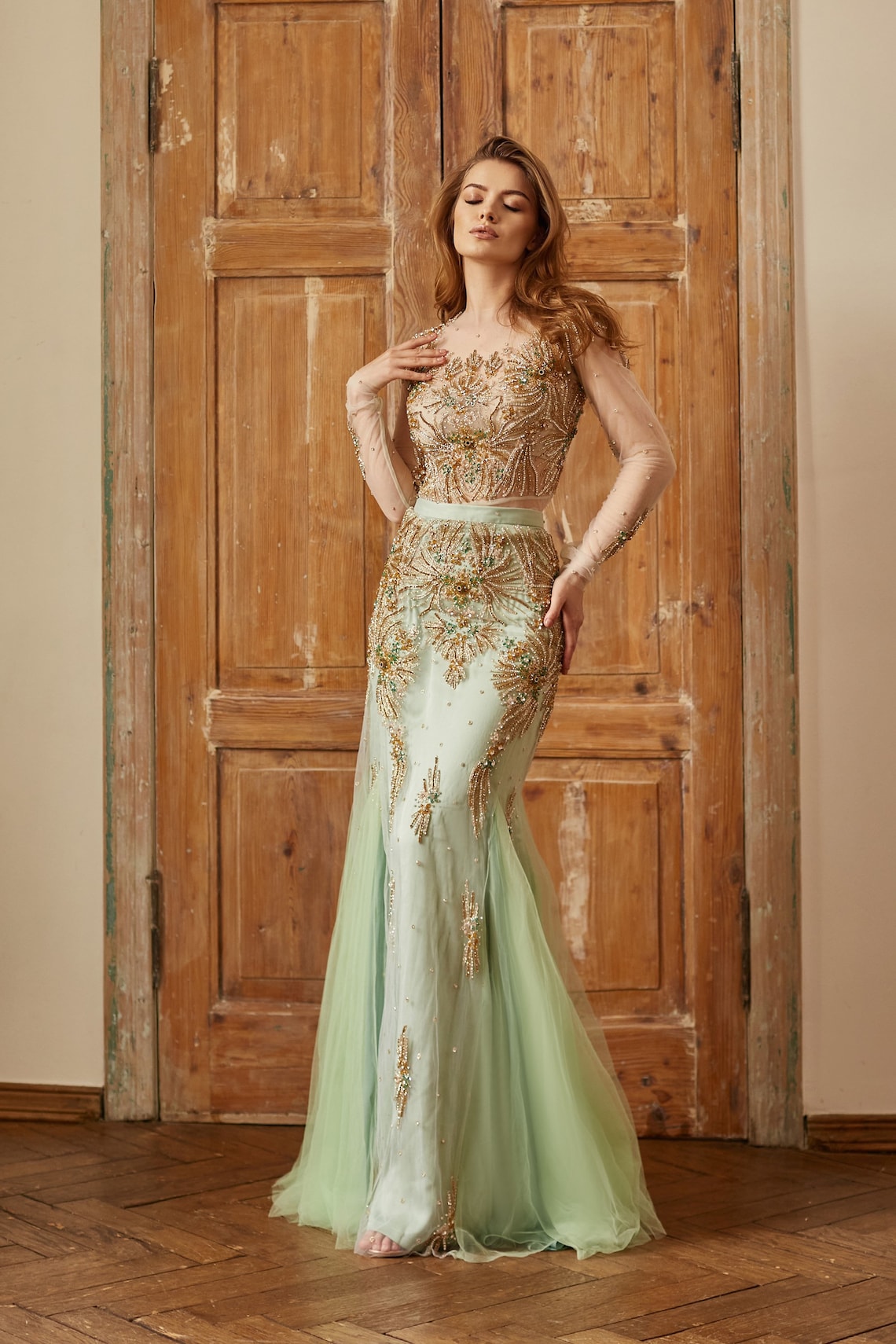 Emerald Wedding Dress With Long Sleeves Couture Evening Gown - Etsy