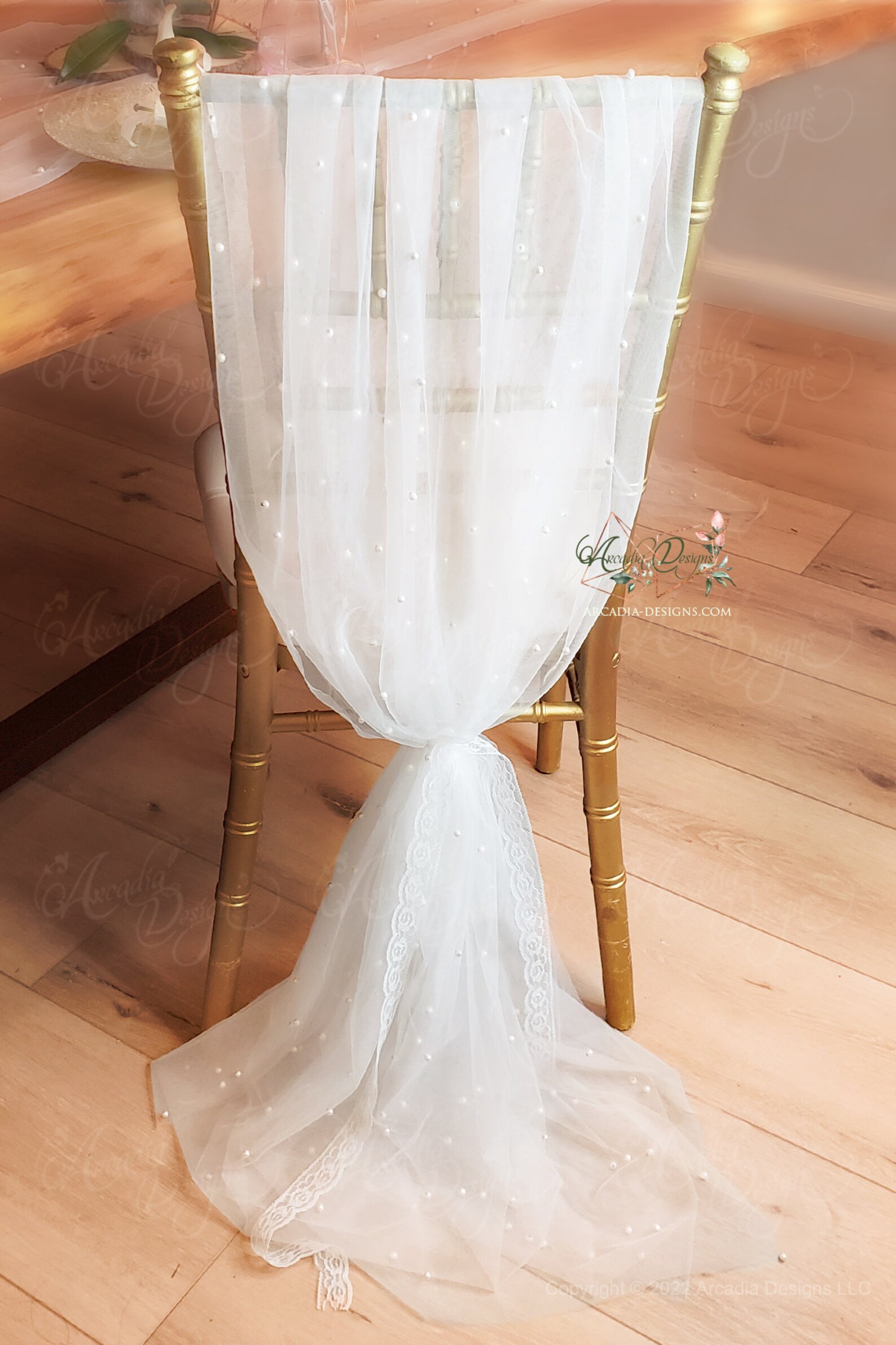 Pearl Embroidered Sheer White Tulle Drape Chair Sash for | Etsy