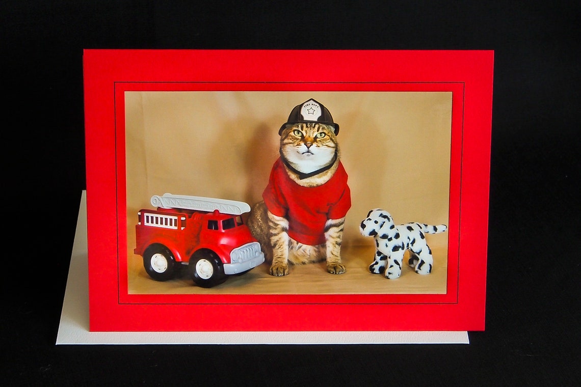 Firefighter Cat Card-cat Wearing Fireman Hat-all Occasion Greeting Card ...