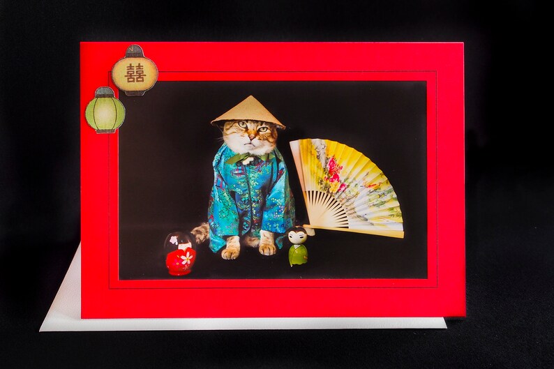 Chinese New Year's Cat Card-cat in Kimono-holiday Greeting Card for Cat ...