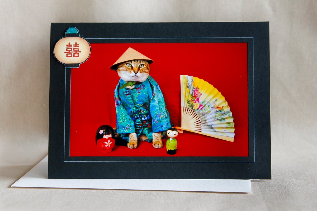 Chinese New Year's Cat Card-cat in Kimono-holiday Greeting Card for Cat ...