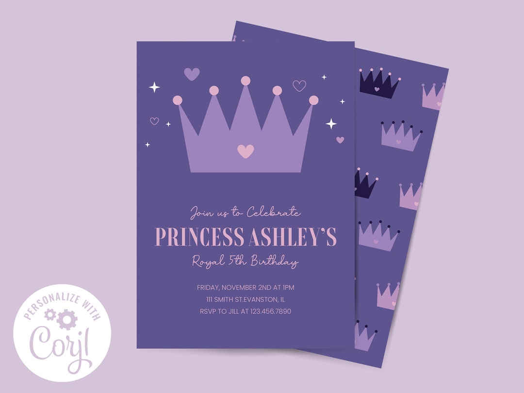 Purple Princess Birthday Party Invitation, Editable Princess Birthday ...