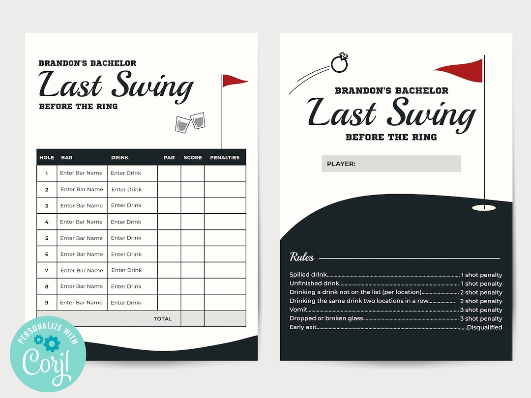Bachelor Golf Bar Crawl Score Card, Last Swing Before the Ring ...