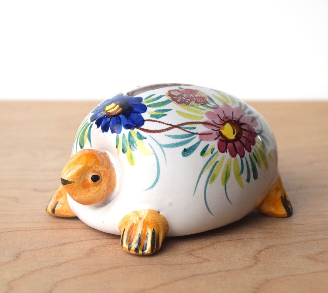 Vintage Italian Money Box Tortoise Turtle Hand-painted Floral Design ...