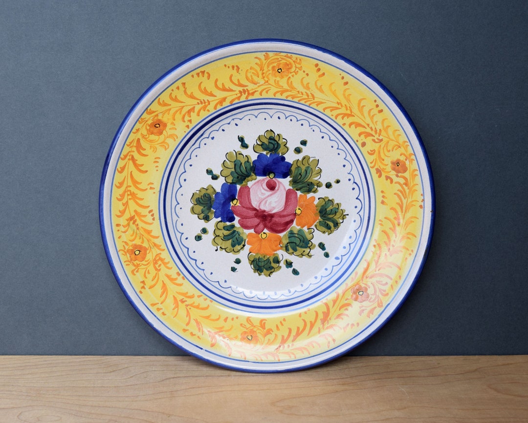 Vintage Italian Deruta Wall Plate Hand-painted Rose Floral Motif Yellow ...