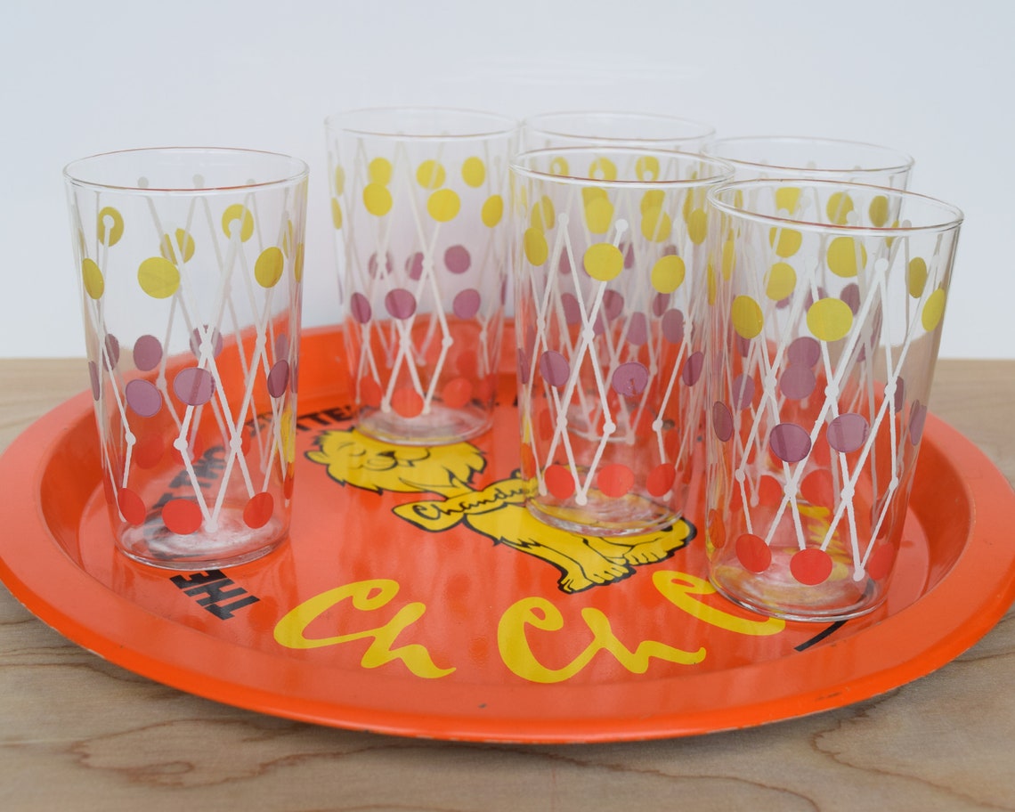 Set of six vintage drinking glasses with a colourful mid | Etsy