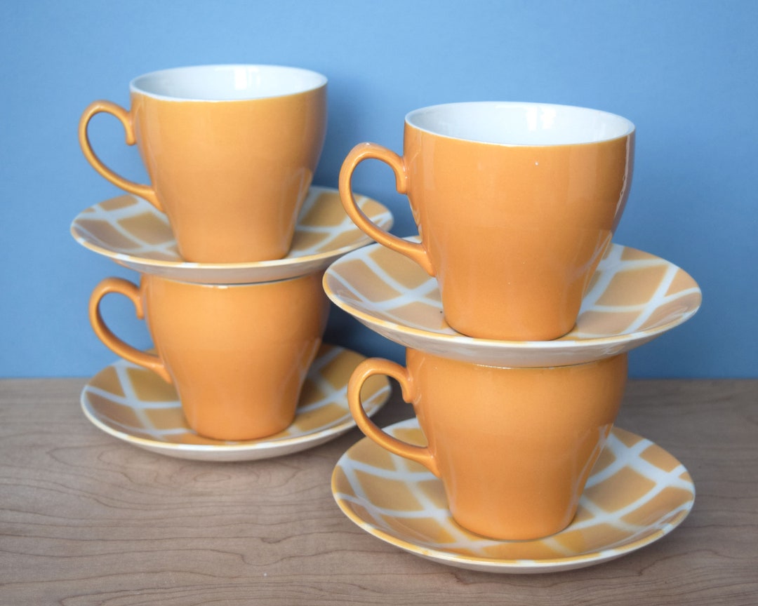 Four Vintage Tams England Teacups Ochre Cups and Saucers Retro Checked ...