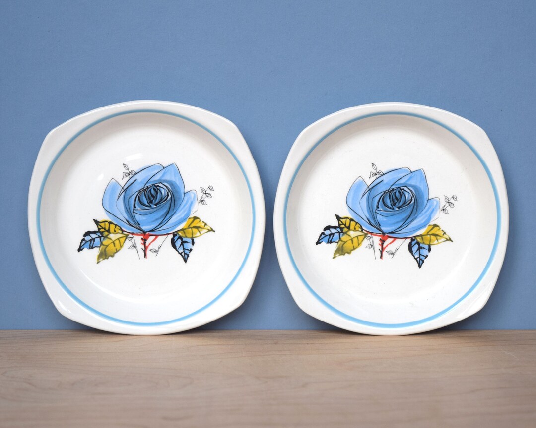 Vintage Palissy Pottery Blue Rose Small Plates Trinket Dishes Retro ...