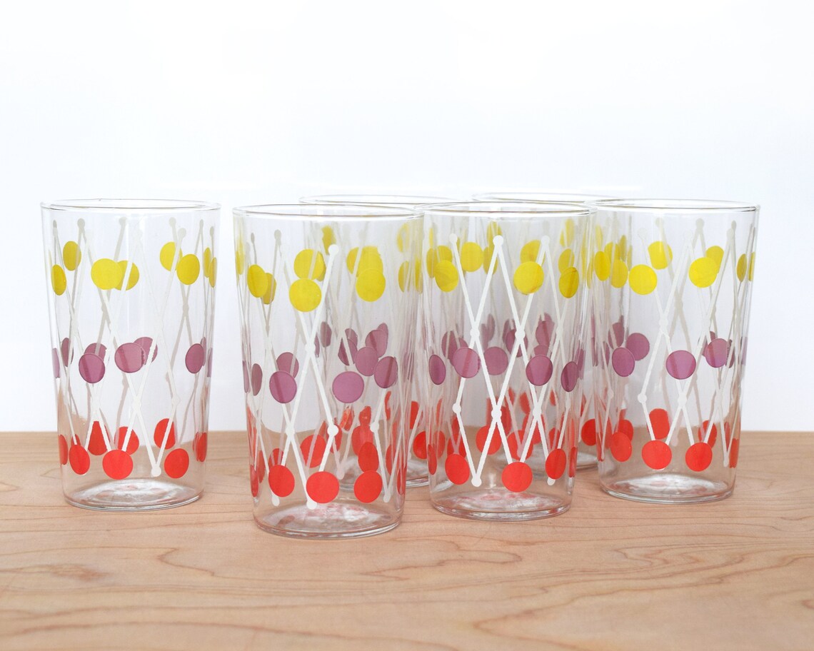 Set of six vintage drinking glasses with a colourful mid | Etsy