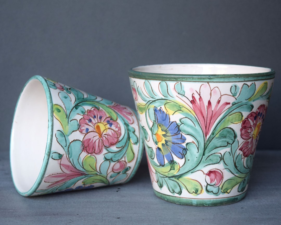 Two Vintage Italian Sgraffito Floral Plant Pots Planters With Rose ...