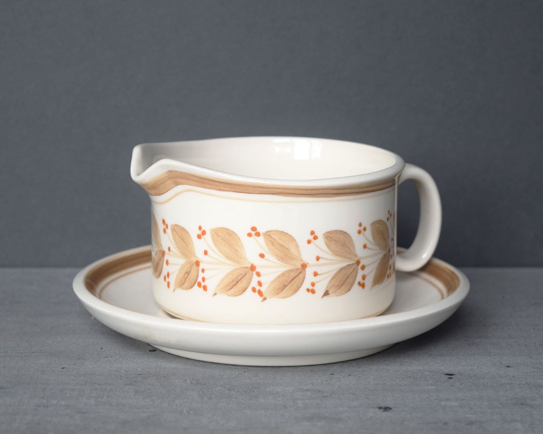 Jersey Pottery Gravy Jug and Saucer Earthy Hand Painted Leaves and ...