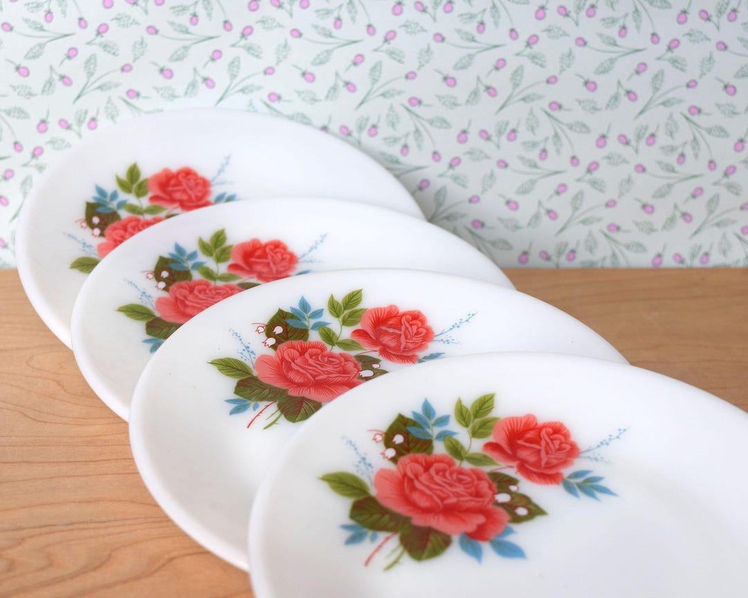 Vintage JAJ Pyrex Cottage Rose Pattern Side Plates Set of Four Milk ...