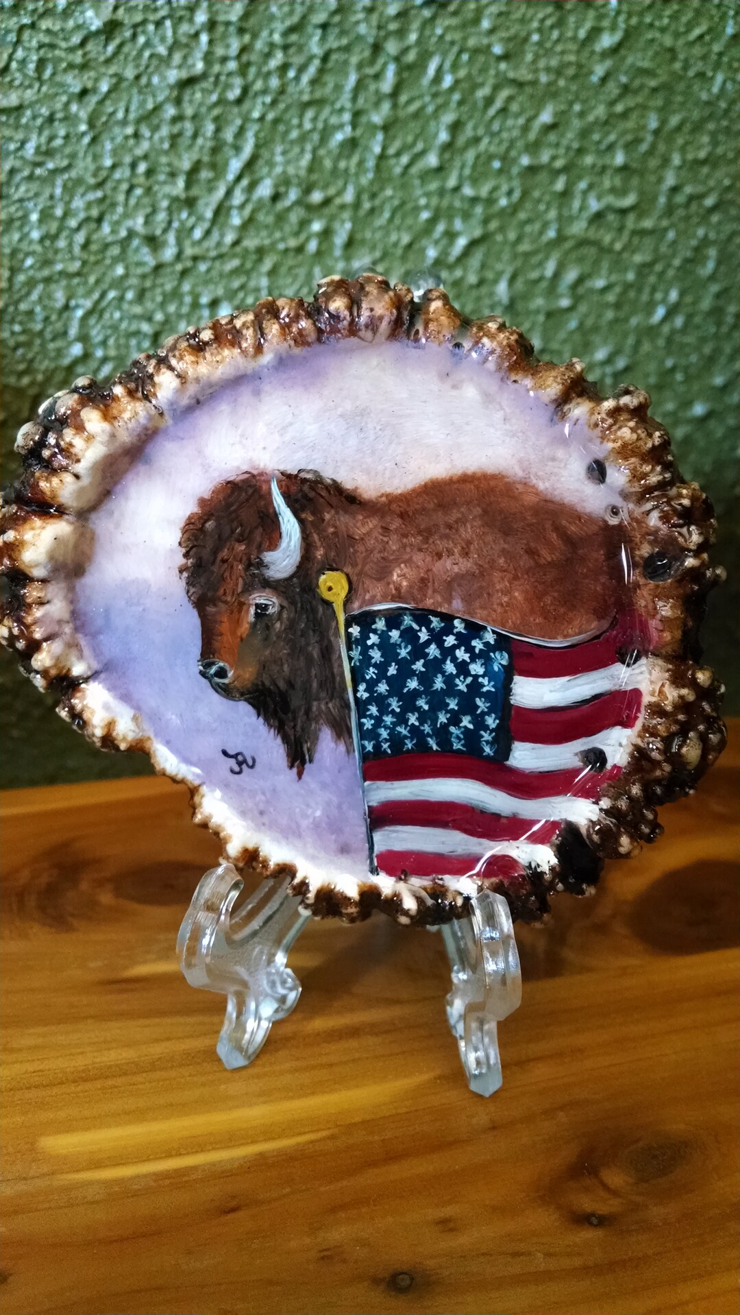 Elk Antler Belt Buckle With Hand Painted Bison With American Flag ...