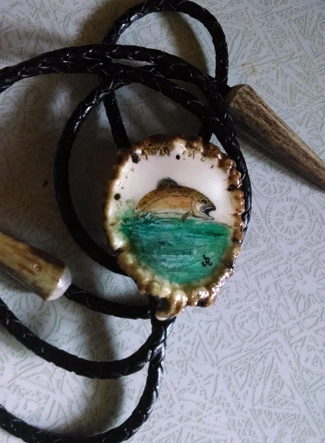 Antler Bolo Tie, Hand Painted Original of a Trout, Black Braided ...