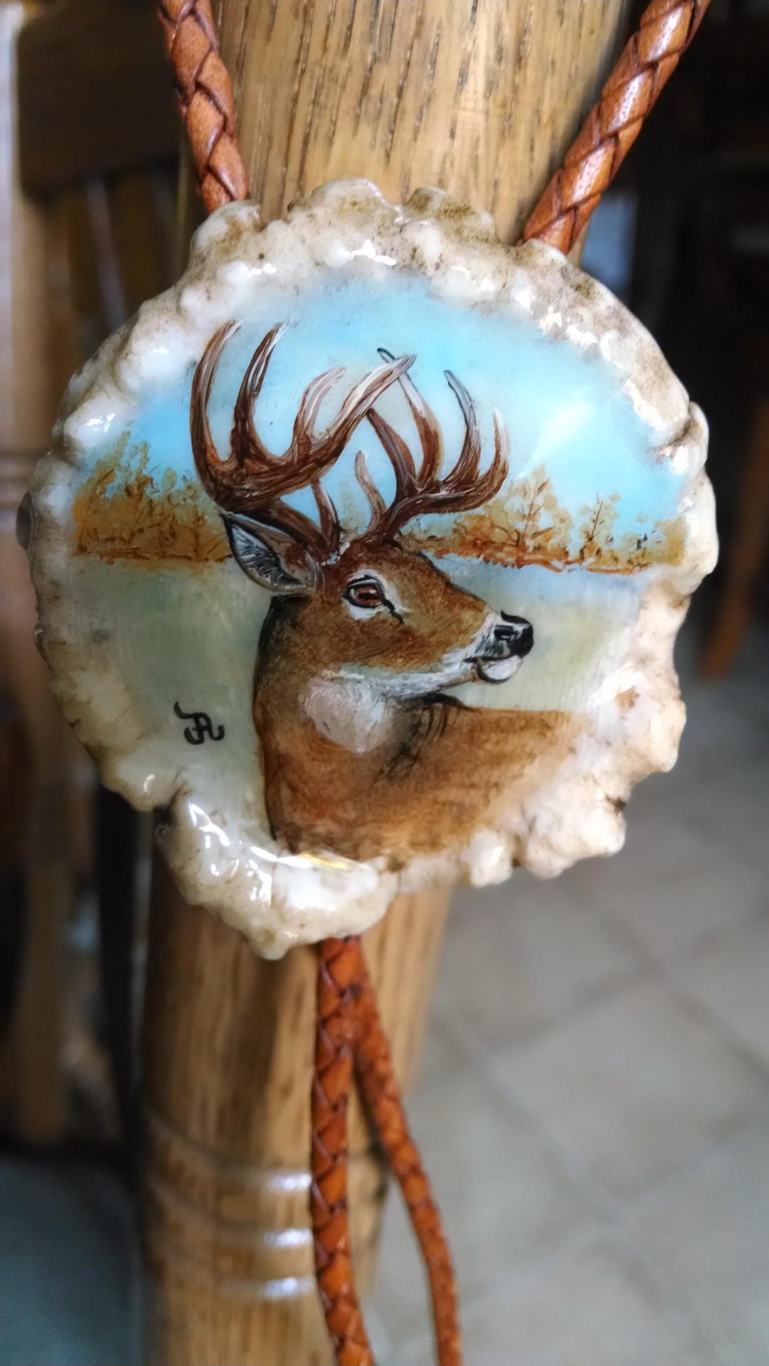 Antler Bolo Tie, Hand Painted Original of Whitetail Buck on a Small Elk ...