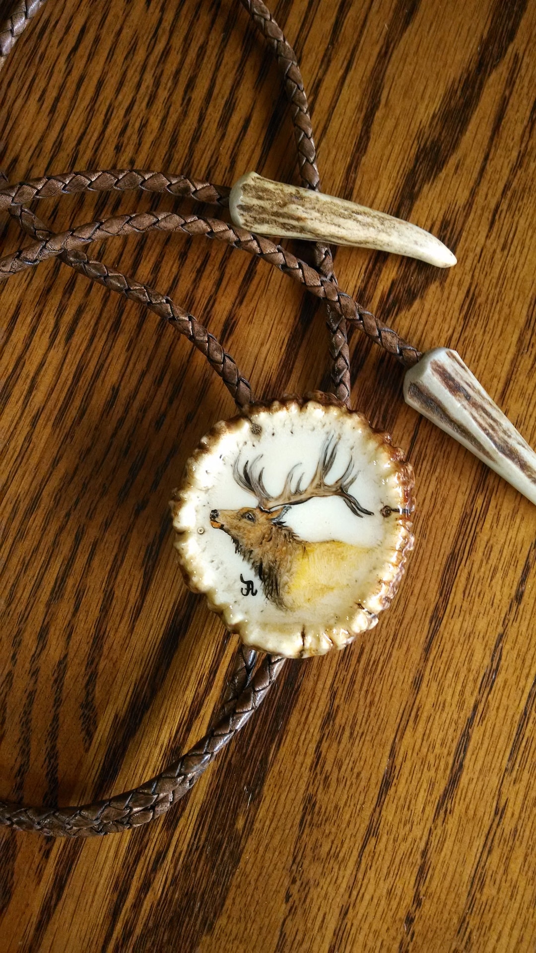Antler Bolo Tie, Hand Painted Original Profile of a Bull Elk on Small ...