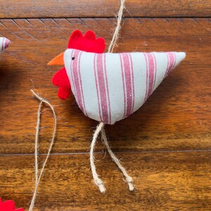 Whimsical Lot of 6 Chicken Ornaments Made With Red Ticking Stripe ...