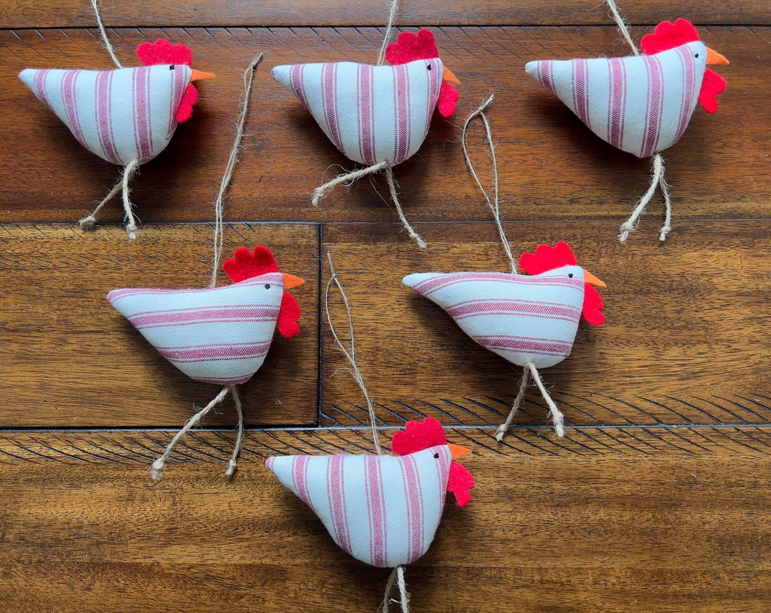 Whimsical Lot of 6 Chicken Ornaments Made With Red Ticking Stripe ...