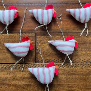 Whimsical Lot of 6 Chicken Ornaments Made With Red Ticking Stripe ...