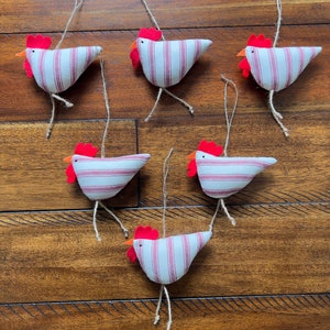 Whimsical Lot of 6 Chicken Ornaments Made With Red Ticking Stripe ...