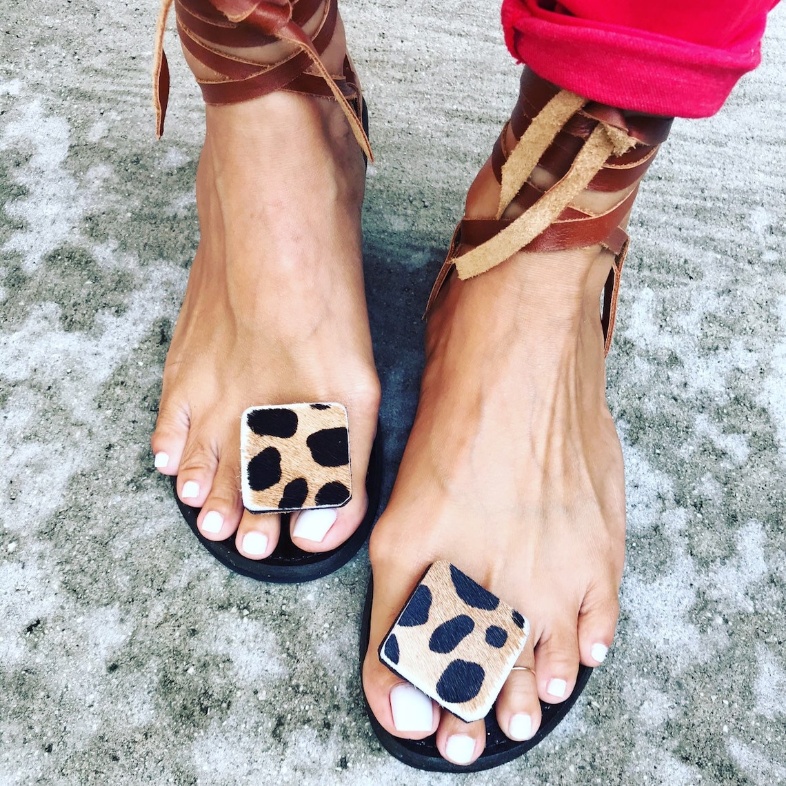 Kelly Sandal - Brown Cow Print Toe With Brown Straps - Etsy