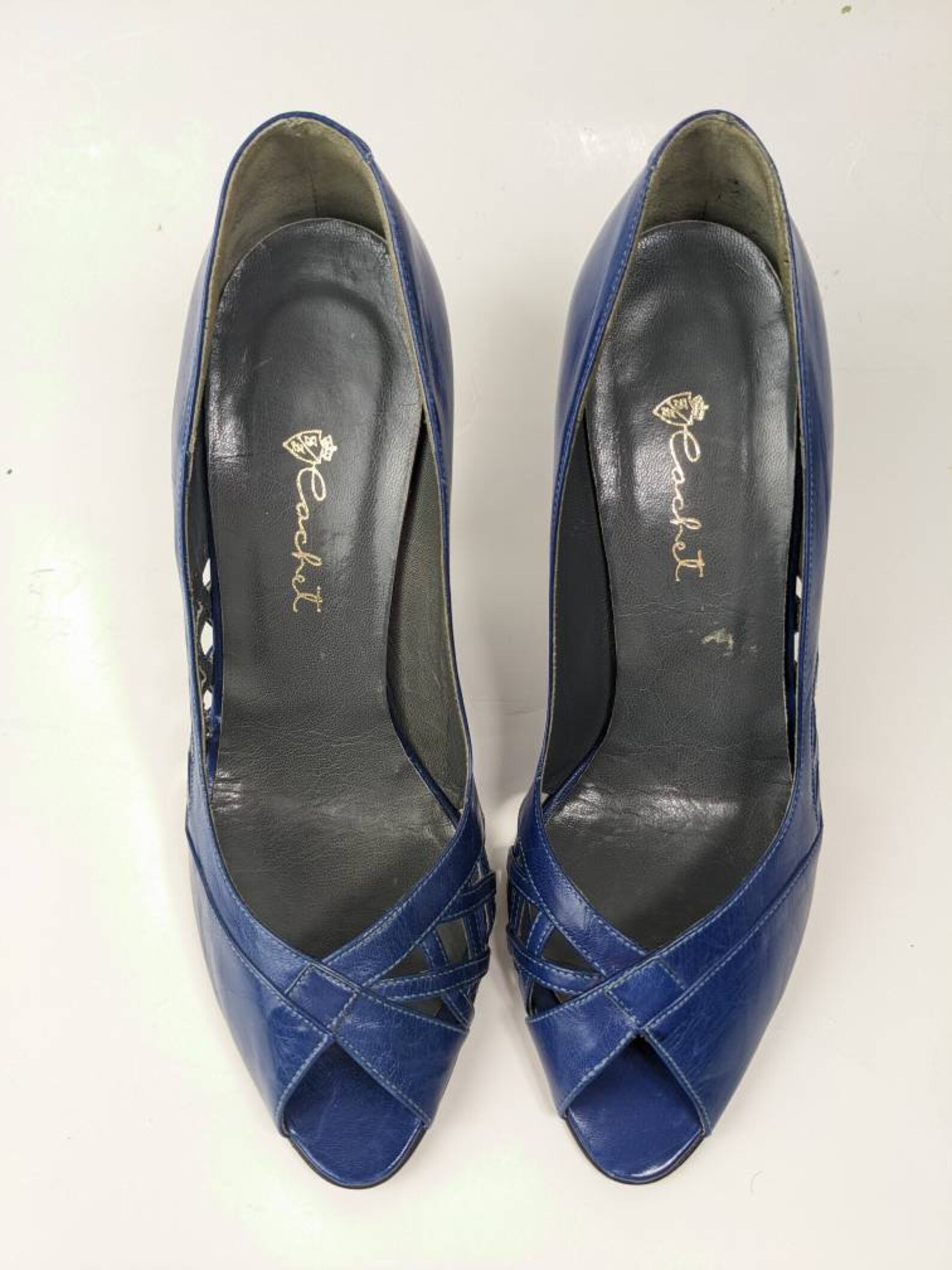 Cobalt Blue Low Heel Italian Leather Shoe Peep Toe Vintage Size 5 Retro ...