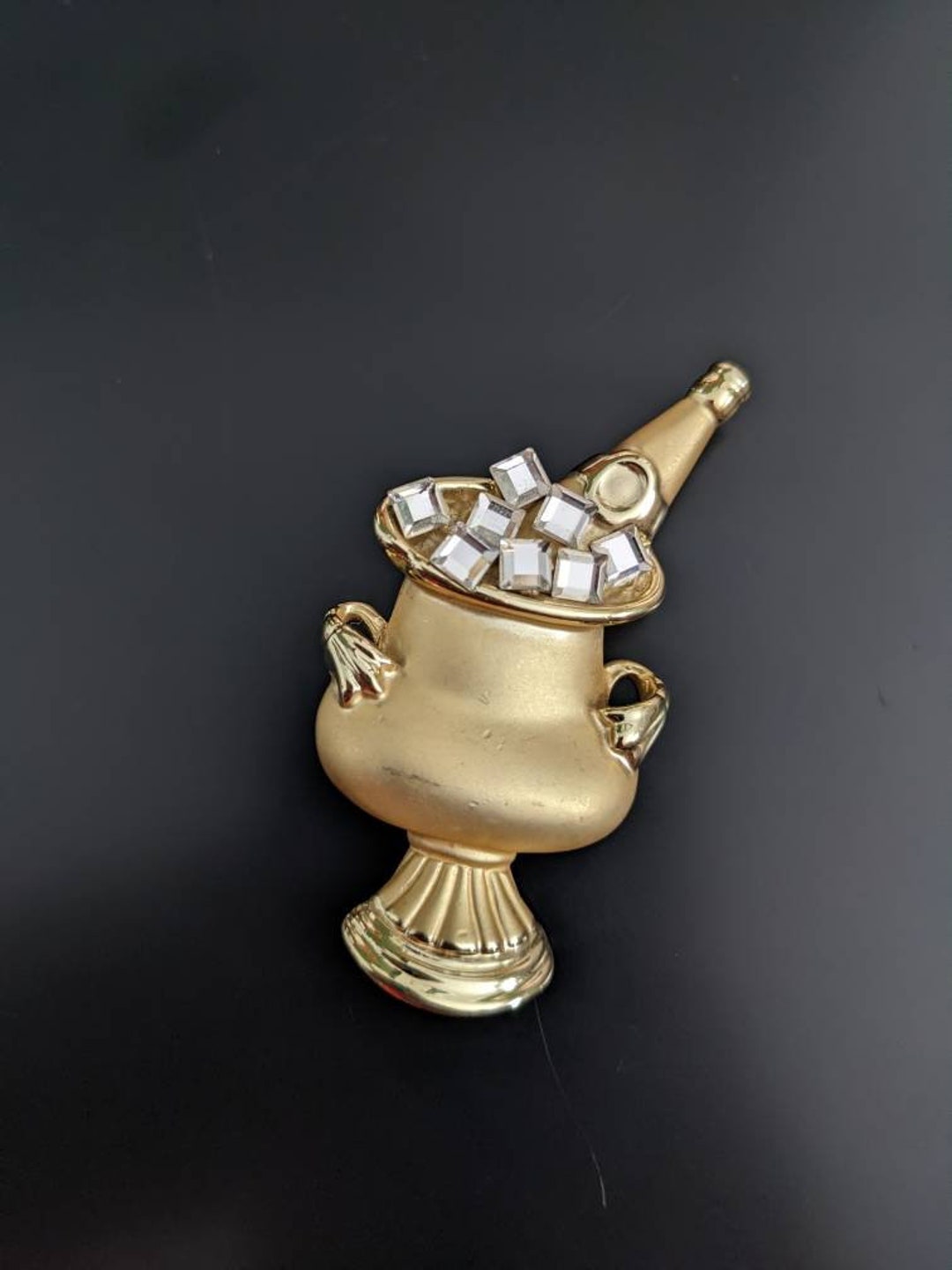 Champagne Brooch AJC, Vintage Costume Jewelry, Gold Metal Ice Bucket ...
