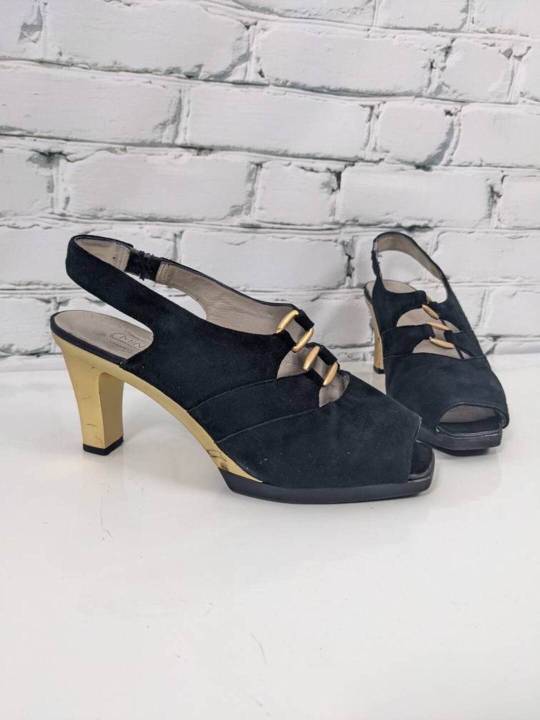 Vintage Black Suede Heels, 1960s Sling Backs With Gold, Minelli Vintage ...