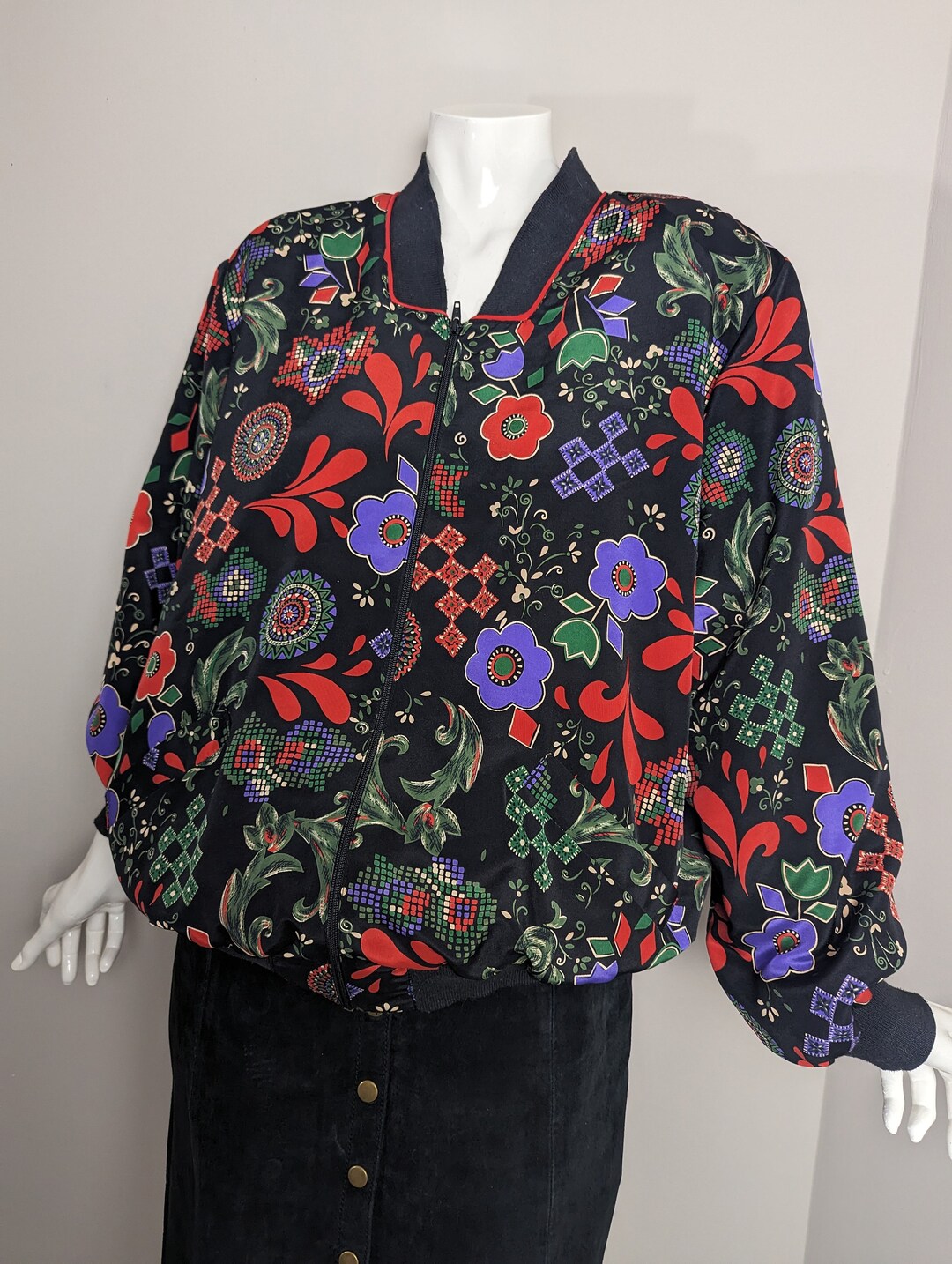 Vintage Satin Bomber Jacket 1990's 80's Colorful Printed Bomber Jacket ...