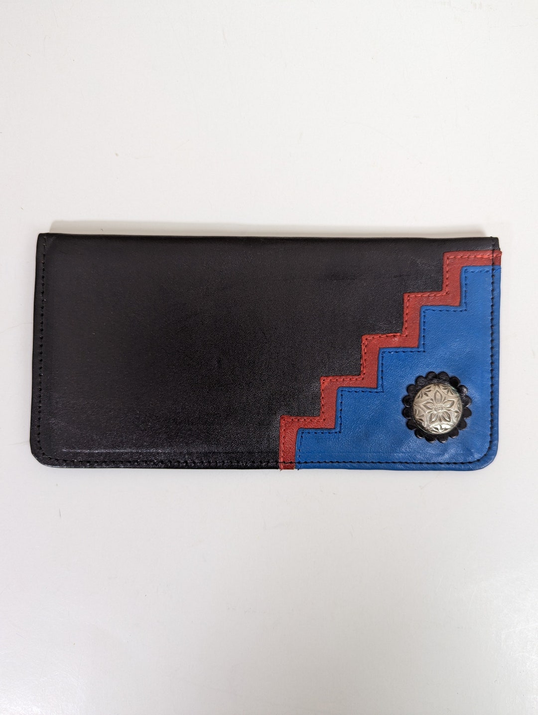 Western Checkbook Bi Fold Wallet, Deadstock, Black Red and Blue Leather ...