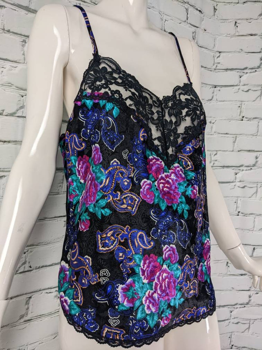 Vintage Lingerie, Colorful Lace Satin Camisole, Size Large Spaghetti ...