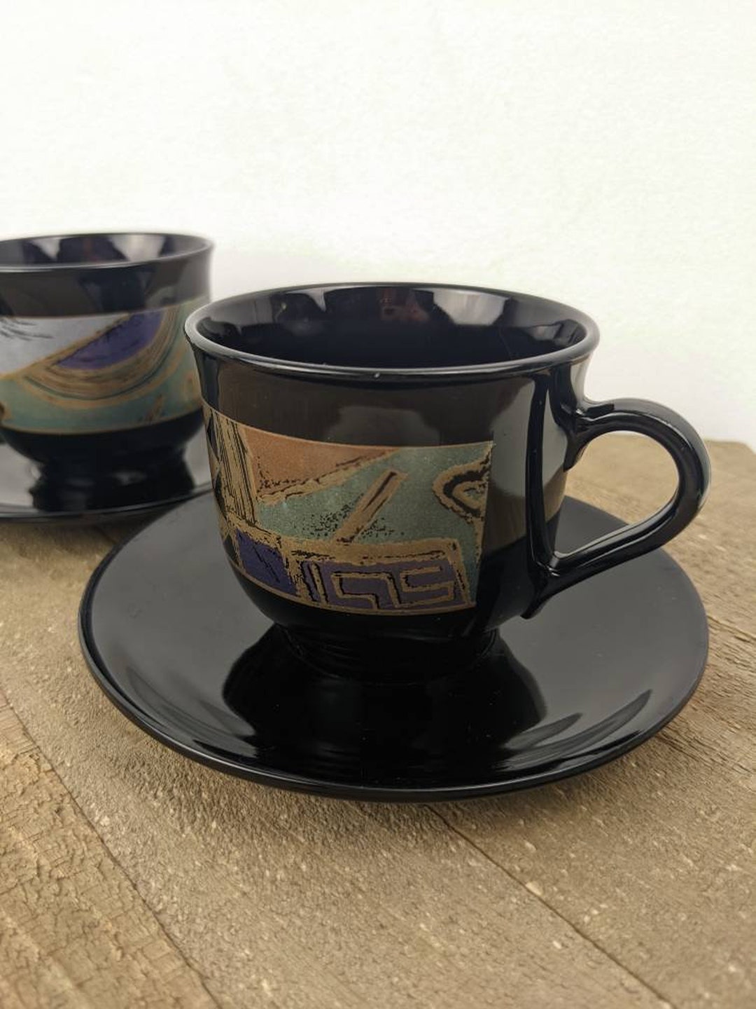 Arcoroc Tampico Tea Cup and Saucer, Black Glass Arcoroc France, Set of ...