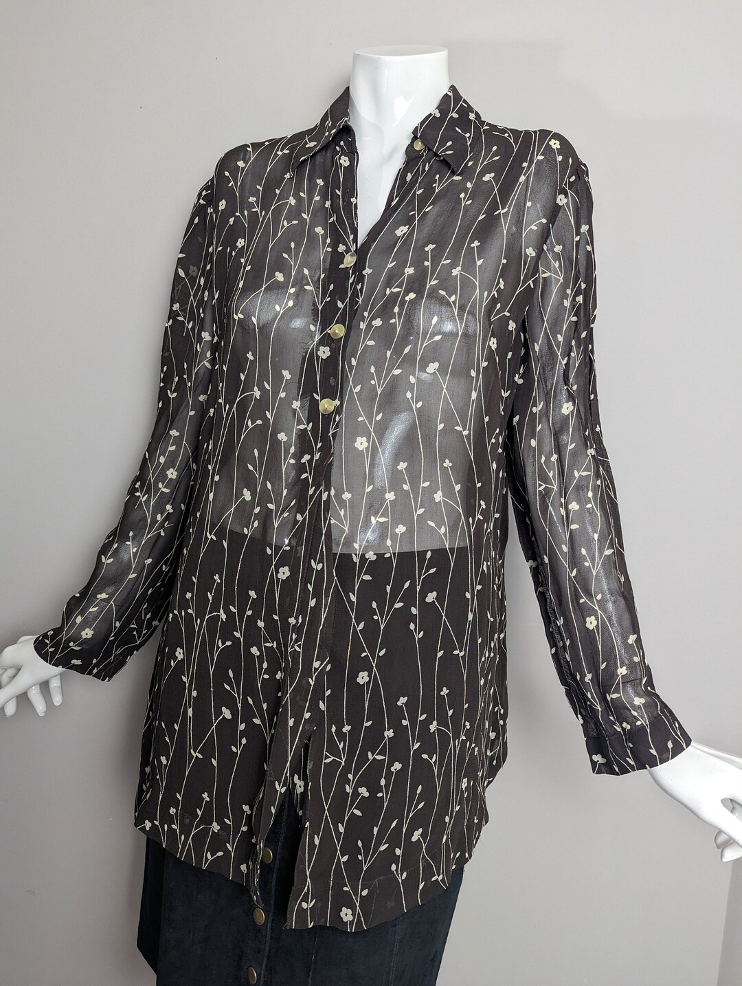 Brown Sheer Blouse See Through Top Sheer Cover up Blouse Button Shirt ...