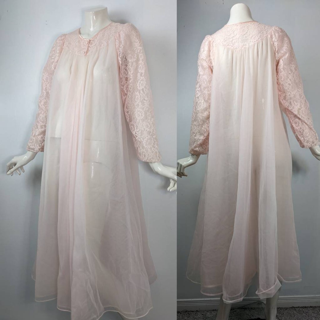 Vintage Sheer Robe, 1960s House Robe, Chiffon House Coat, Pink Lace ...