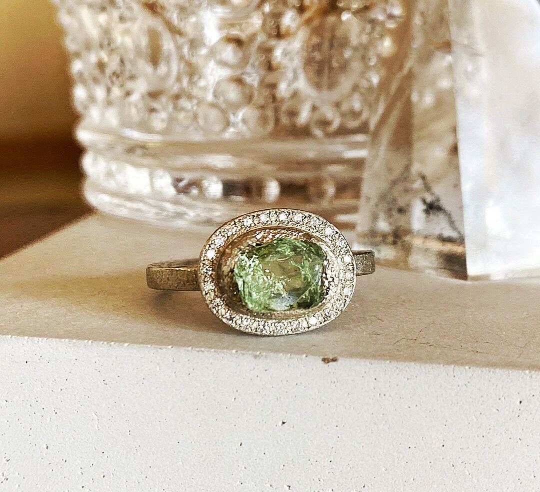 14K White Gold Rough Mint Garnet Ring With Diamond Halo - Etsy