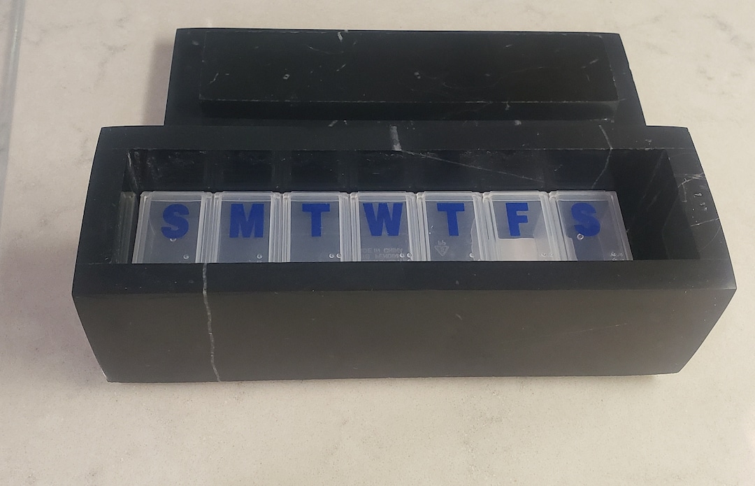 Nero Marquina Marble Pill Box 7"×2 1/4" Height 2 3/8" With Weakly Pill ...