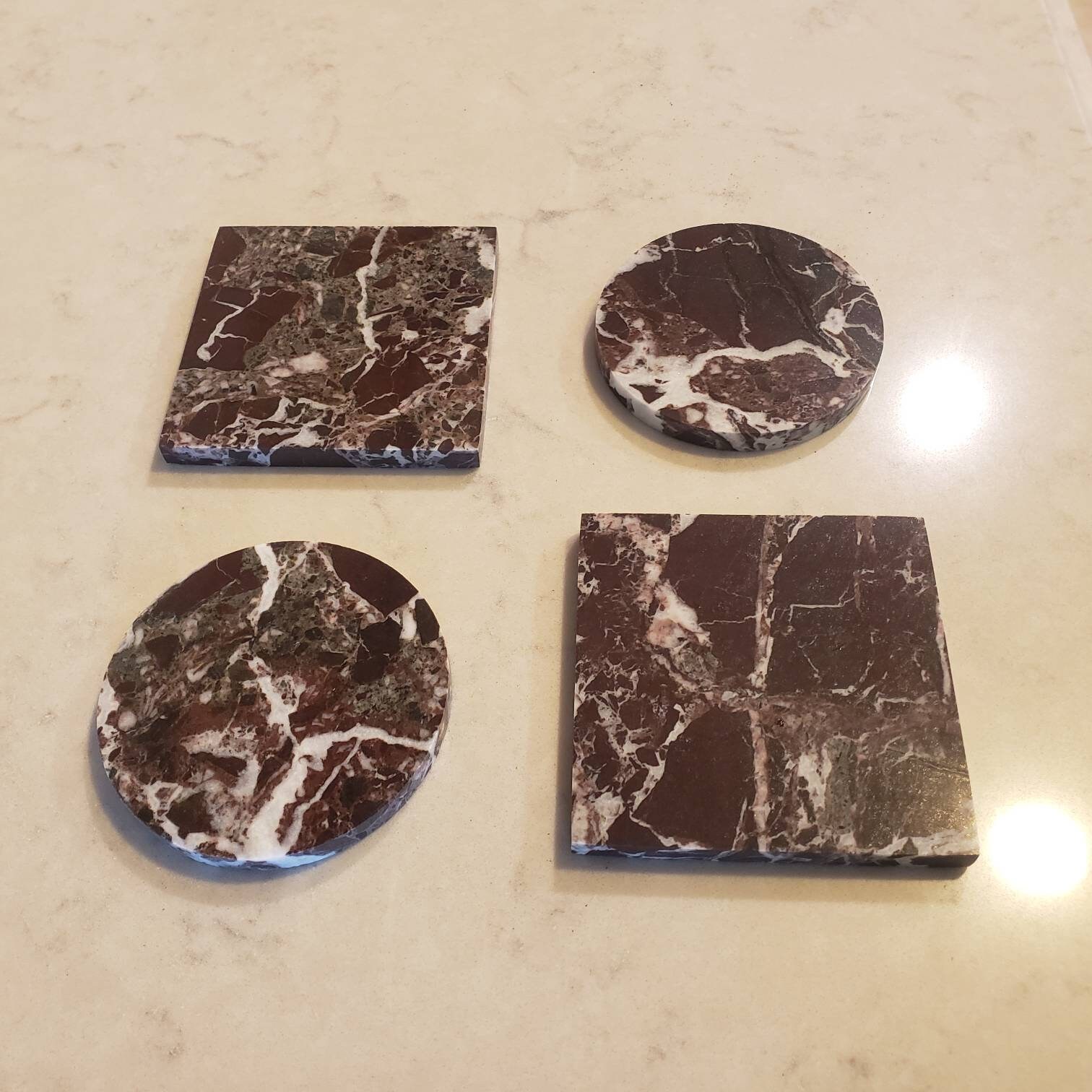 Rosso Levanto, Red and White, Burgundy Marble Coasters, Set of Four 4 ...