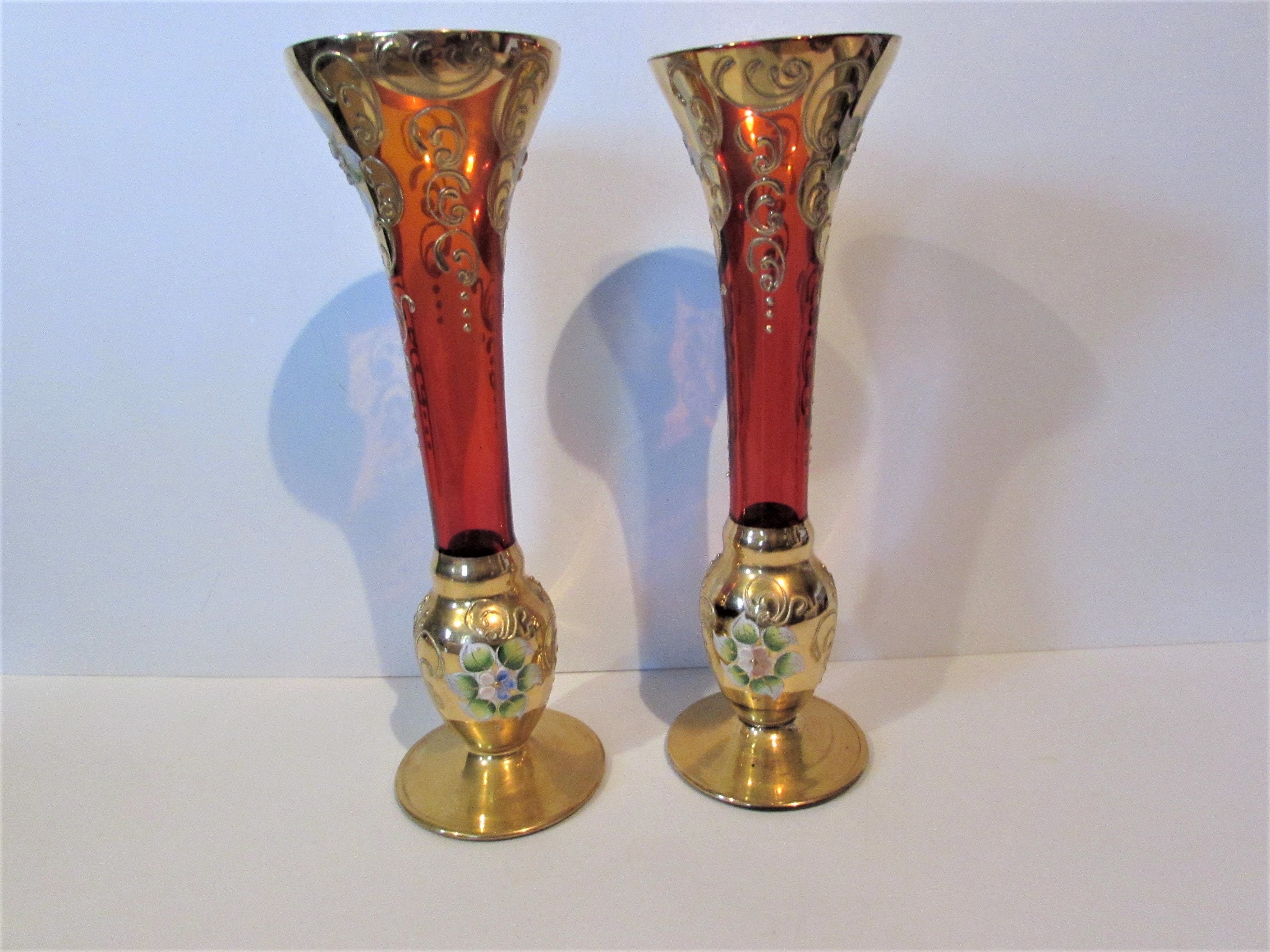 Pare of Beautiful Bohemian Tall Stem Red Glass With 24ct Gold Gilt ...