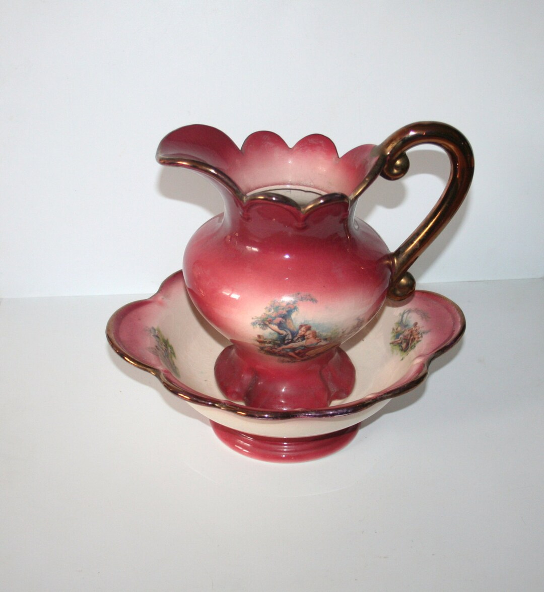 Large Deep Pink Ceramic PLM Jug and Bowl Nice Art Deco With Gold ...