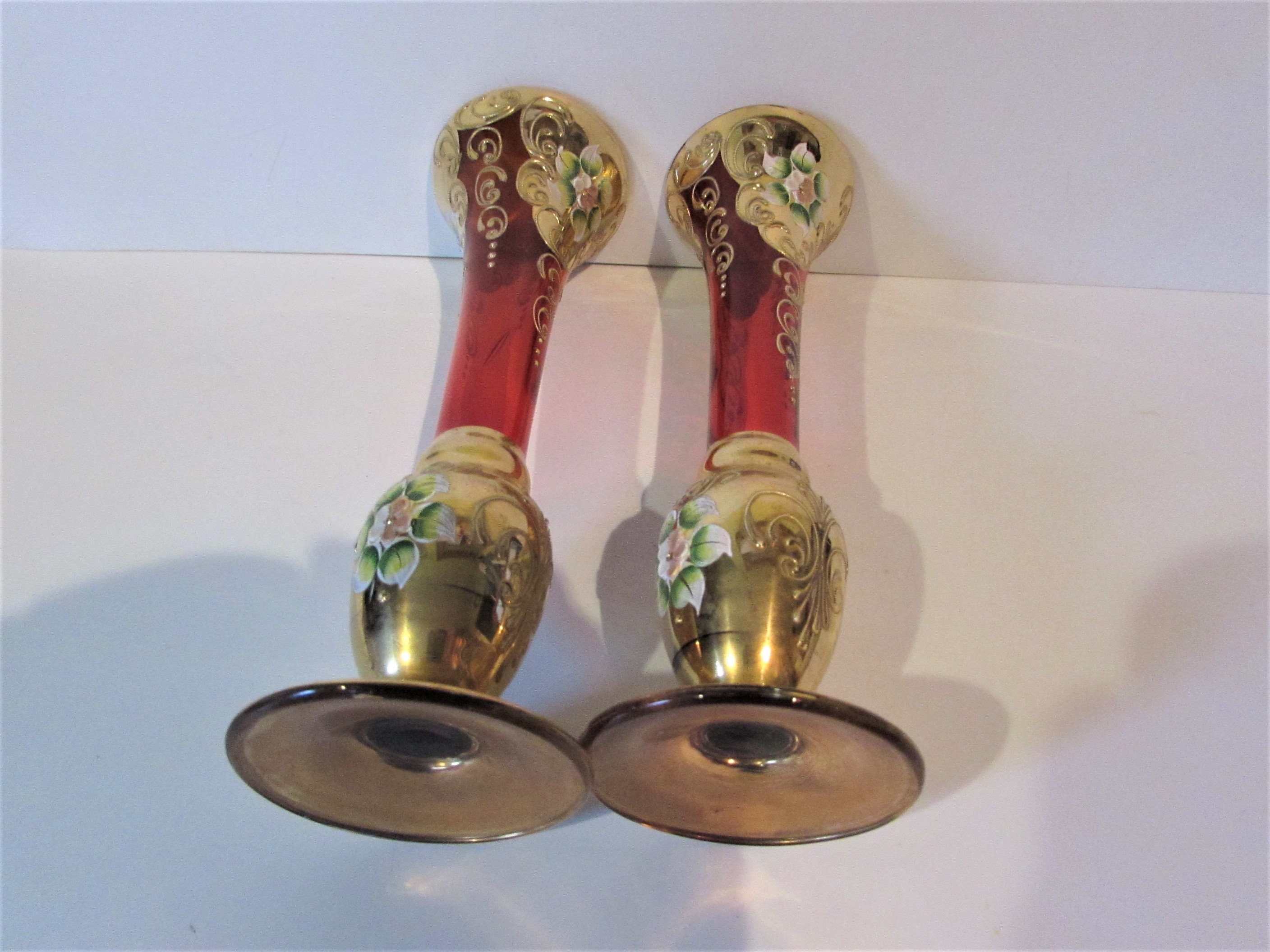 Pare of Beautiful Bohemian Tall Stem Red Glass With 24ct Gold Gilt ...