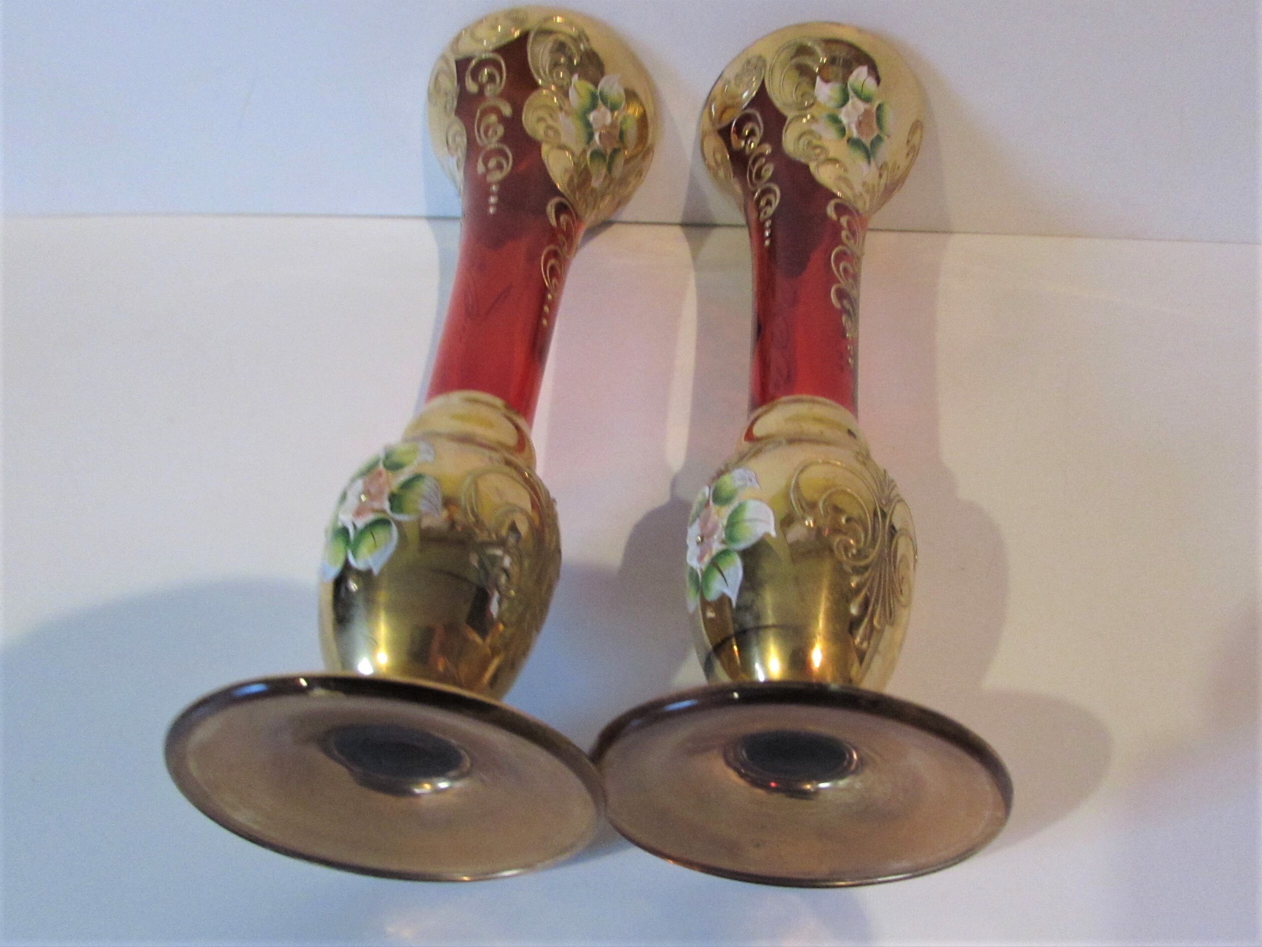 Pare of Beautiful Bohemian Tall Stem Red Glass With 24ct Gold Gilt ...