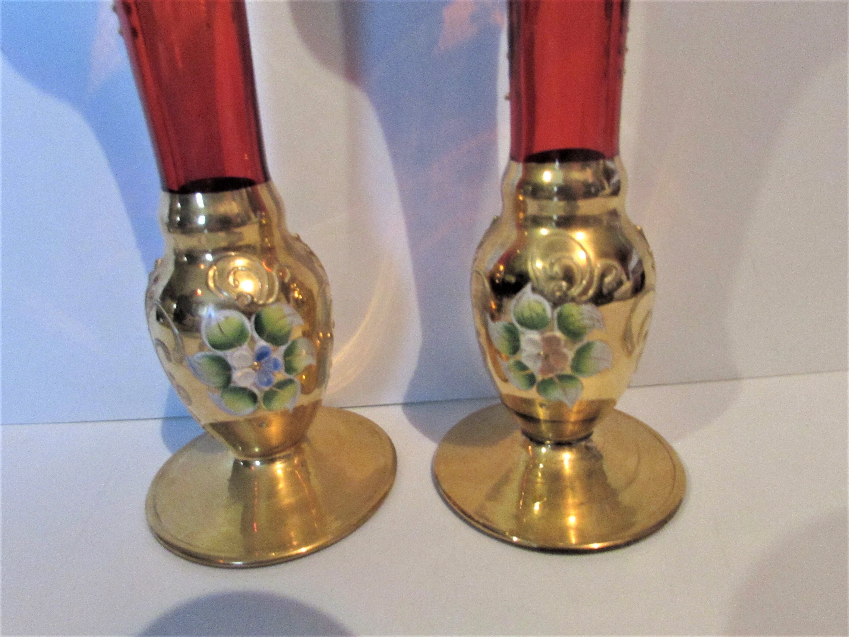 Pare of Beautiful Bohemian Tall Stem Red Glass With 24ct Gold Gilt ...