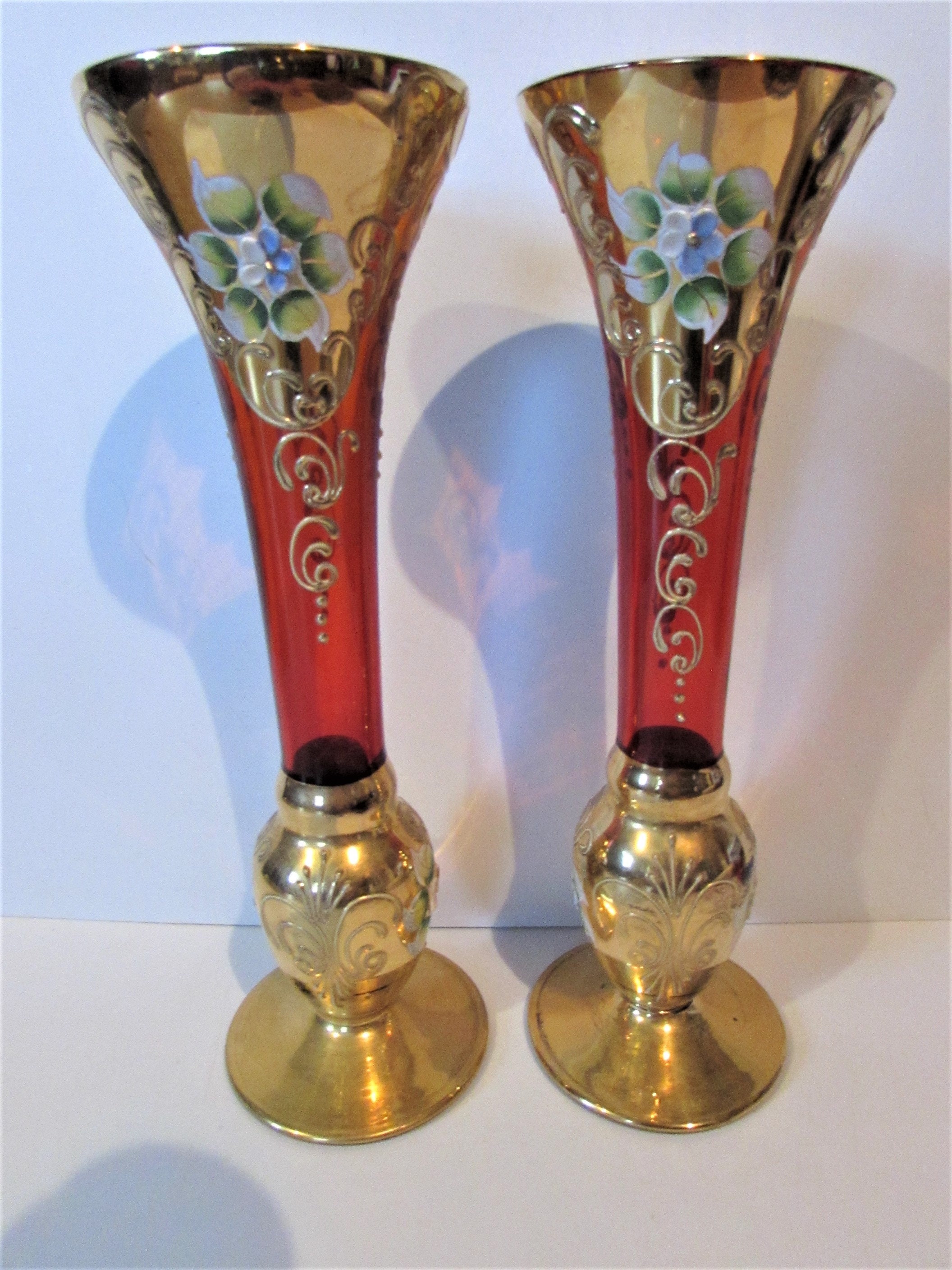 Pare of Beautiful Bohemian Tall Stem Red Glass With 24ct Gold Gilt ...